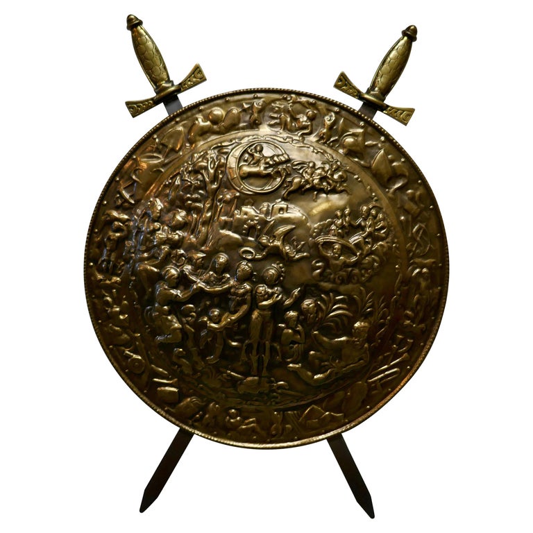 Large Decorative Wall Hanging Brass Shield with Cross Swords at 1stDibs