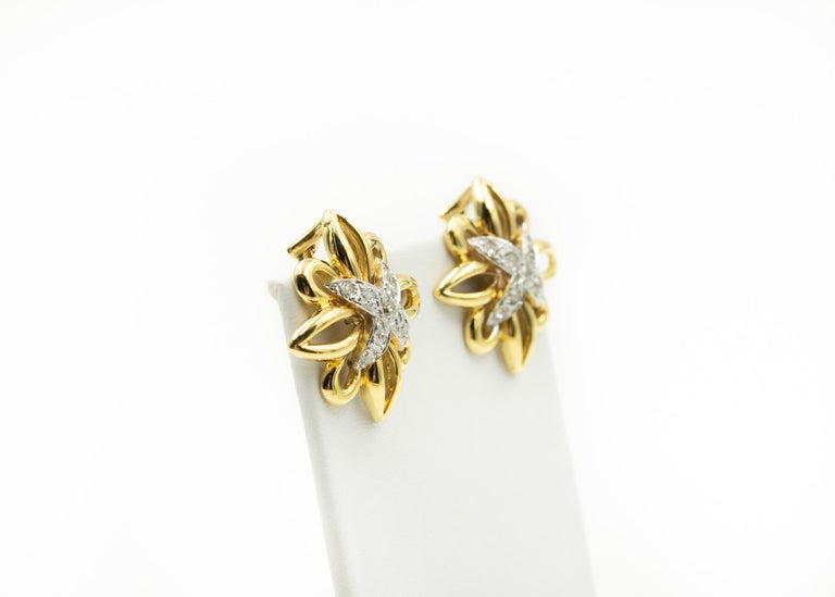 Large Diamond Yellow Gold Flower Earrings For Sale at 1stDibs