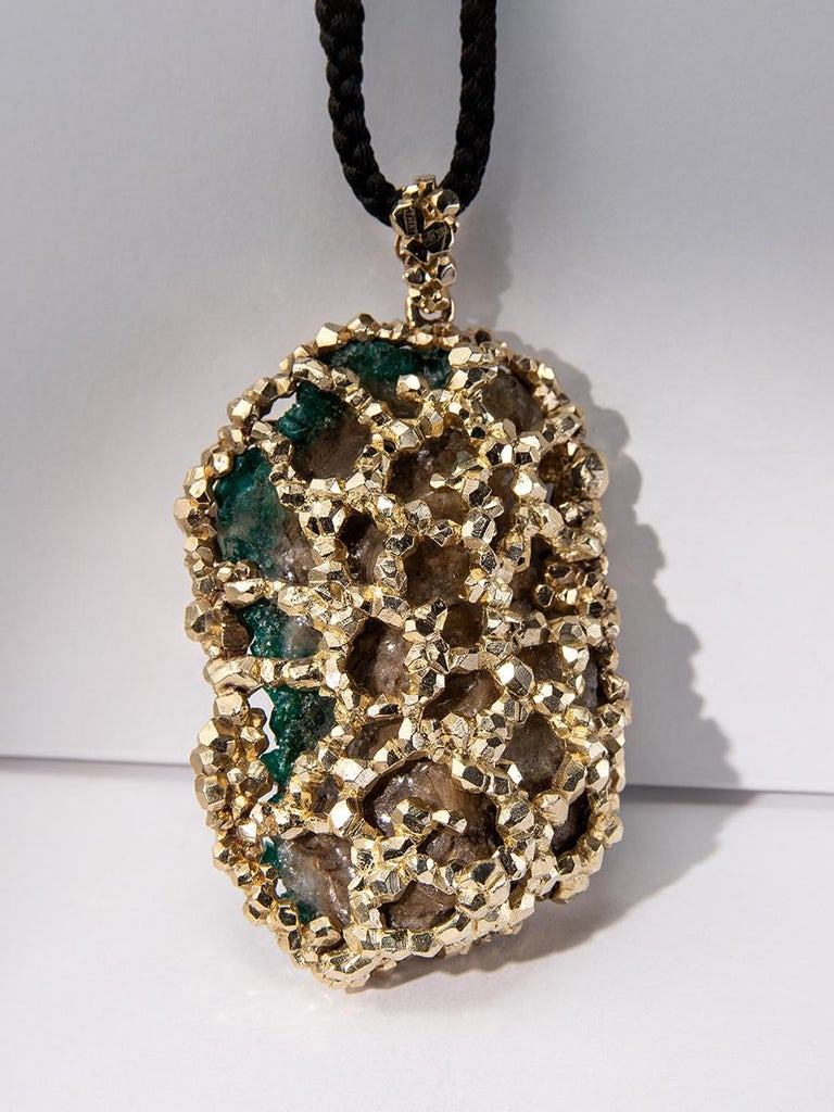 Large Dioptase raw crystals Yellow gold pendant Gem Deep Forest For ...