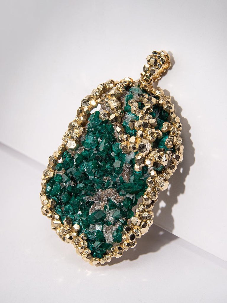 Large Dioptase raw crystals Yellow gold pendant Gem Deep Forest For ...