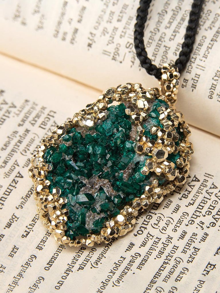 Large Dioptase raw crystals Yellow gold pendant Gem Deep Forest For ...