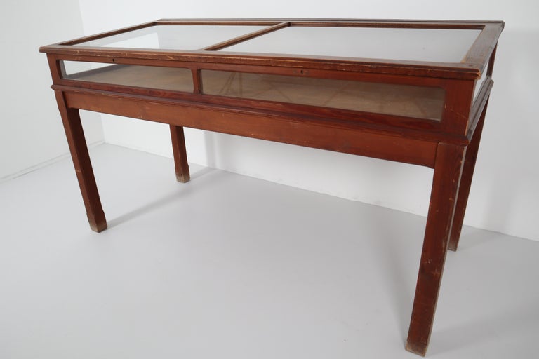 Large Display Table Vitrine in Patinated Pine and Glass, France 1920s ...