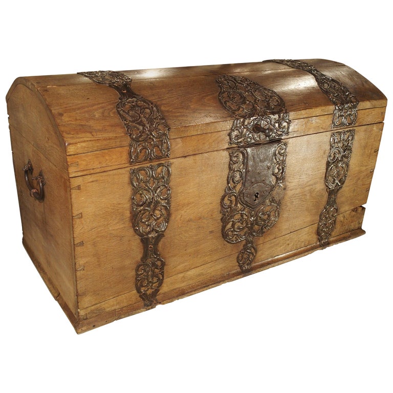 Large Domed Oak German Baroque Trunk with Decorative Iron Strapwork ...