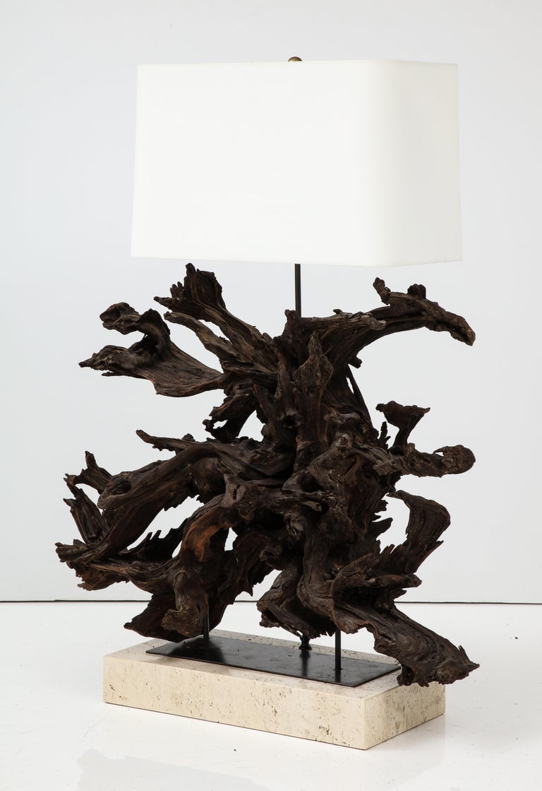 Large Driftwood Lamp on Custom Travertine Base For Sale at 1stDibs