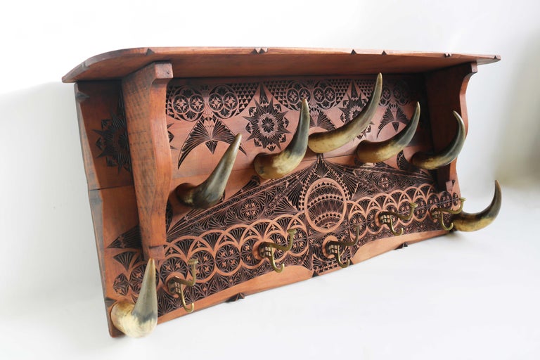 Large Dutch Antique Coat Rack / Hat Rack Chip Carved Wood Bull/Cow ...