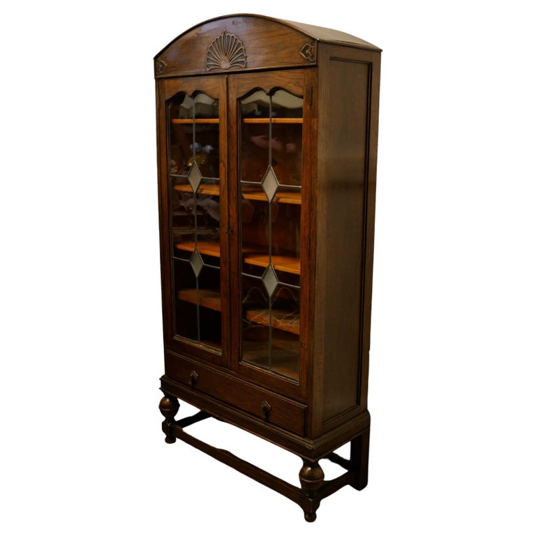 Large Dutch Style Art Deco Oak 2 Door Glazed Bookcase For Sale at 1stDibs