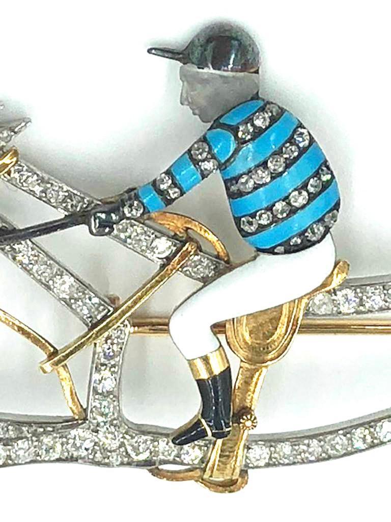 Large Edwardian Diamond Enamel Race Horse Jockey Brooch For Sale at 1stDibs