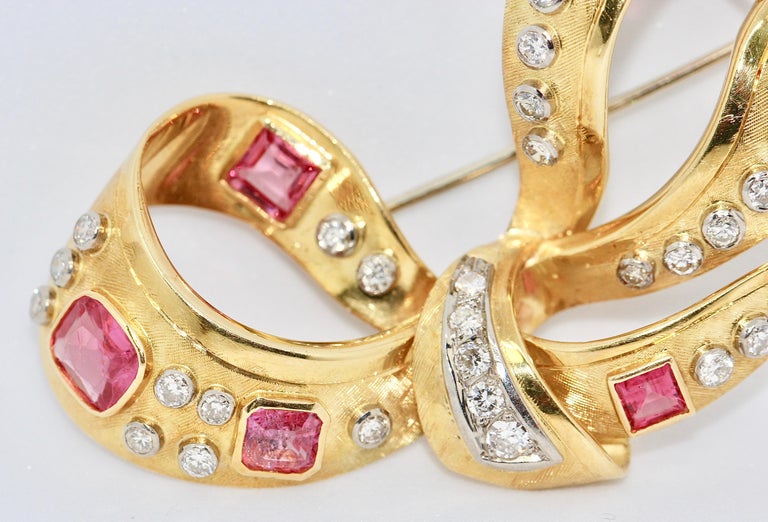 Large Elegant Gold Brooch in a Loop Shape 18 Karat Gold with Rubies and ...