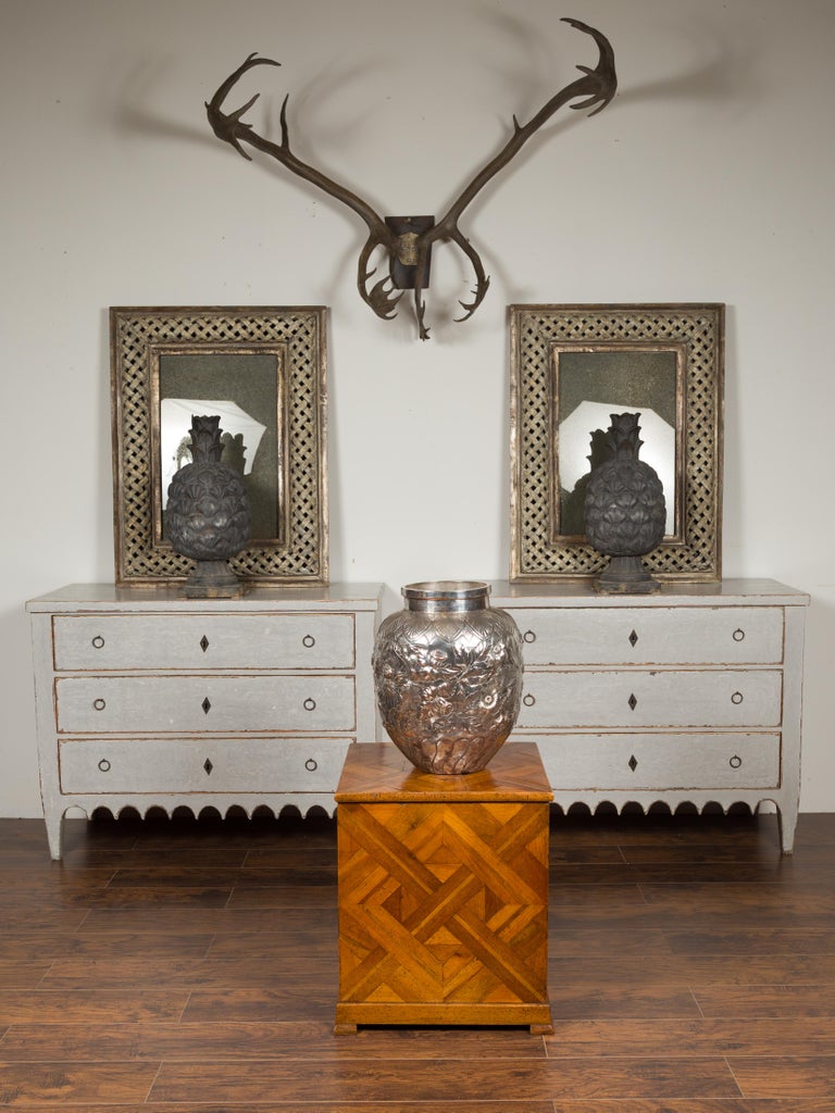 Large English 1900s Silver on Copper Vase with Floral Repoussé Motifs ...