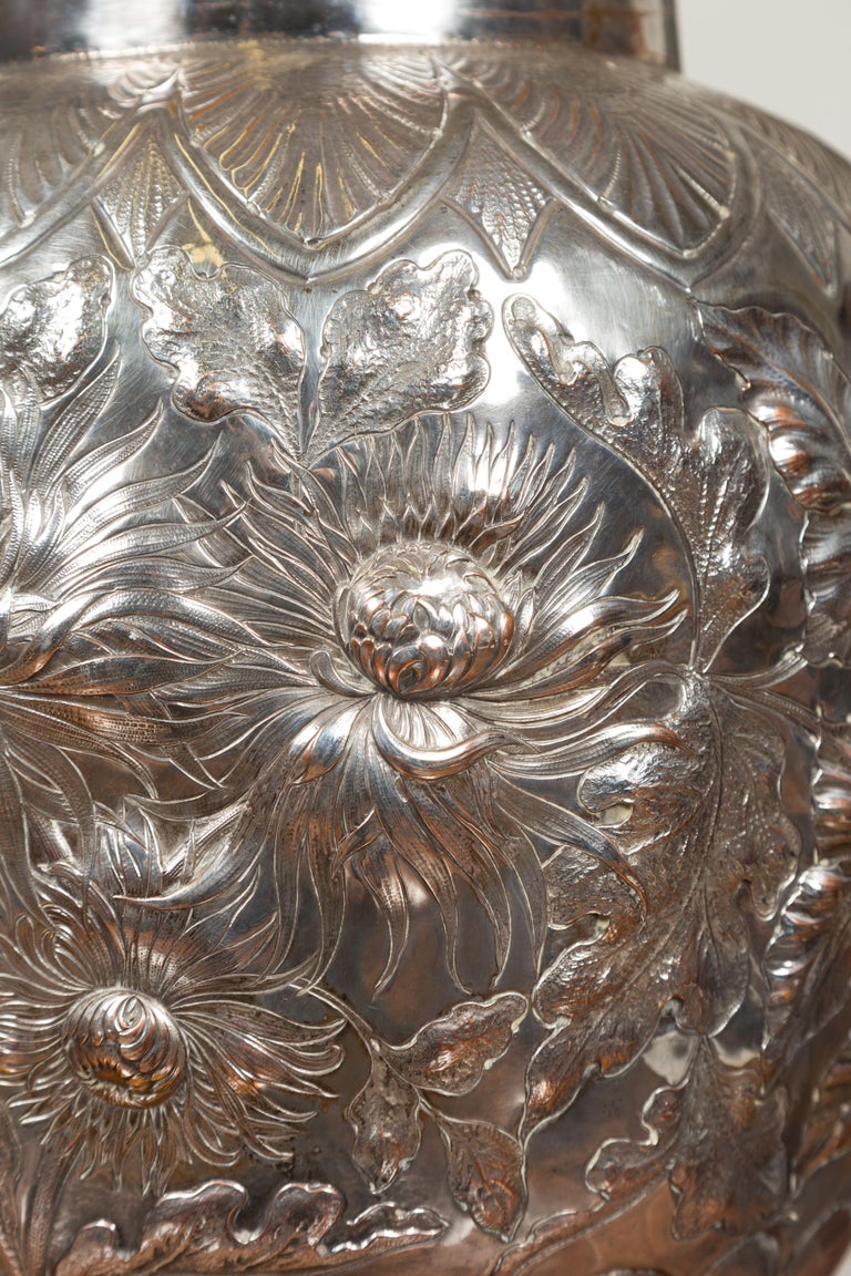 Large English 1900s Silver on Copper Vase with Floral Repoussé Motifs ...