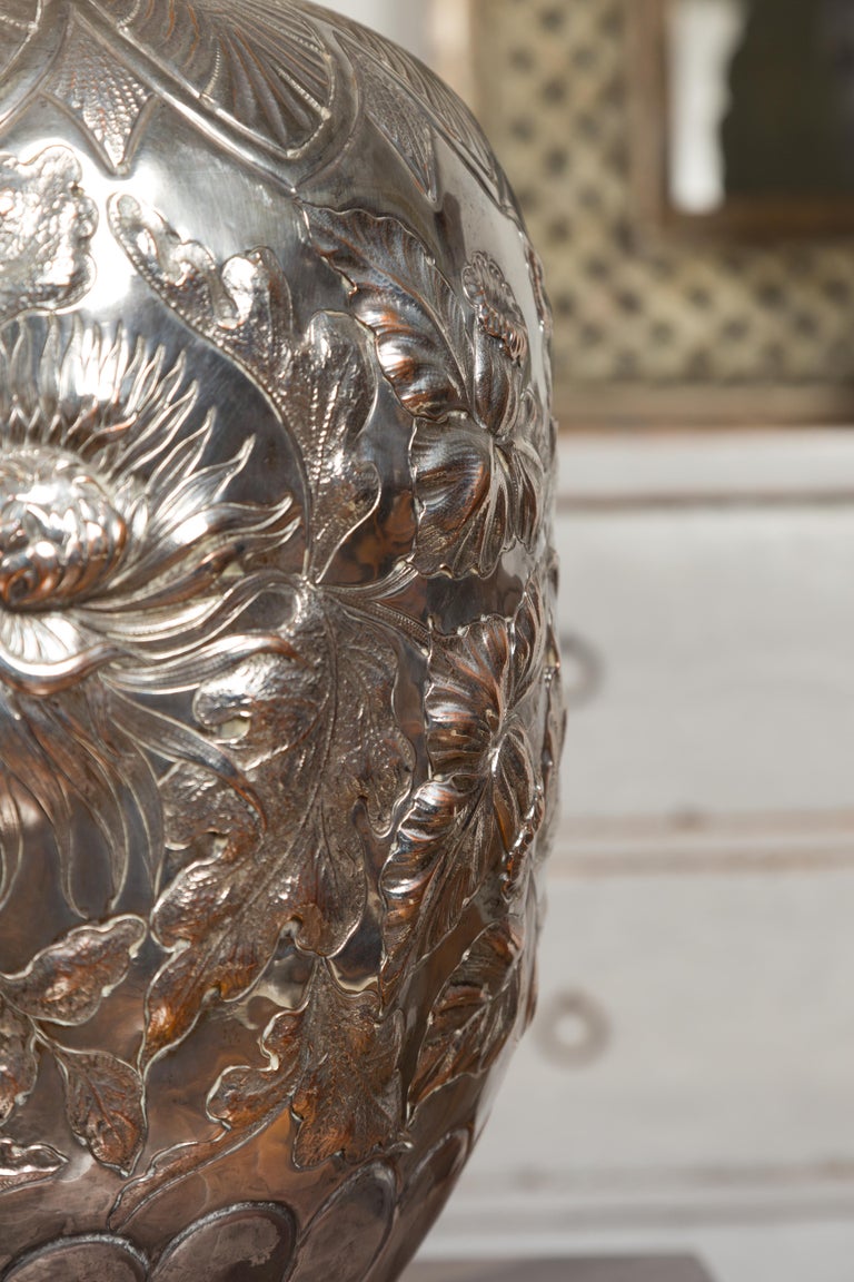 Large English 1900s Silver on Copper Vase with Floral Repoussé Motifs ...