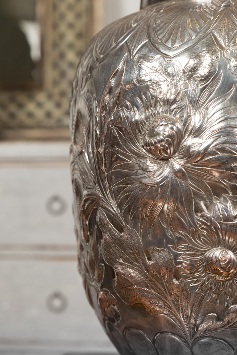 Large English 1900s Silver on Copper Vase with Floral Repoussé Motifs ...