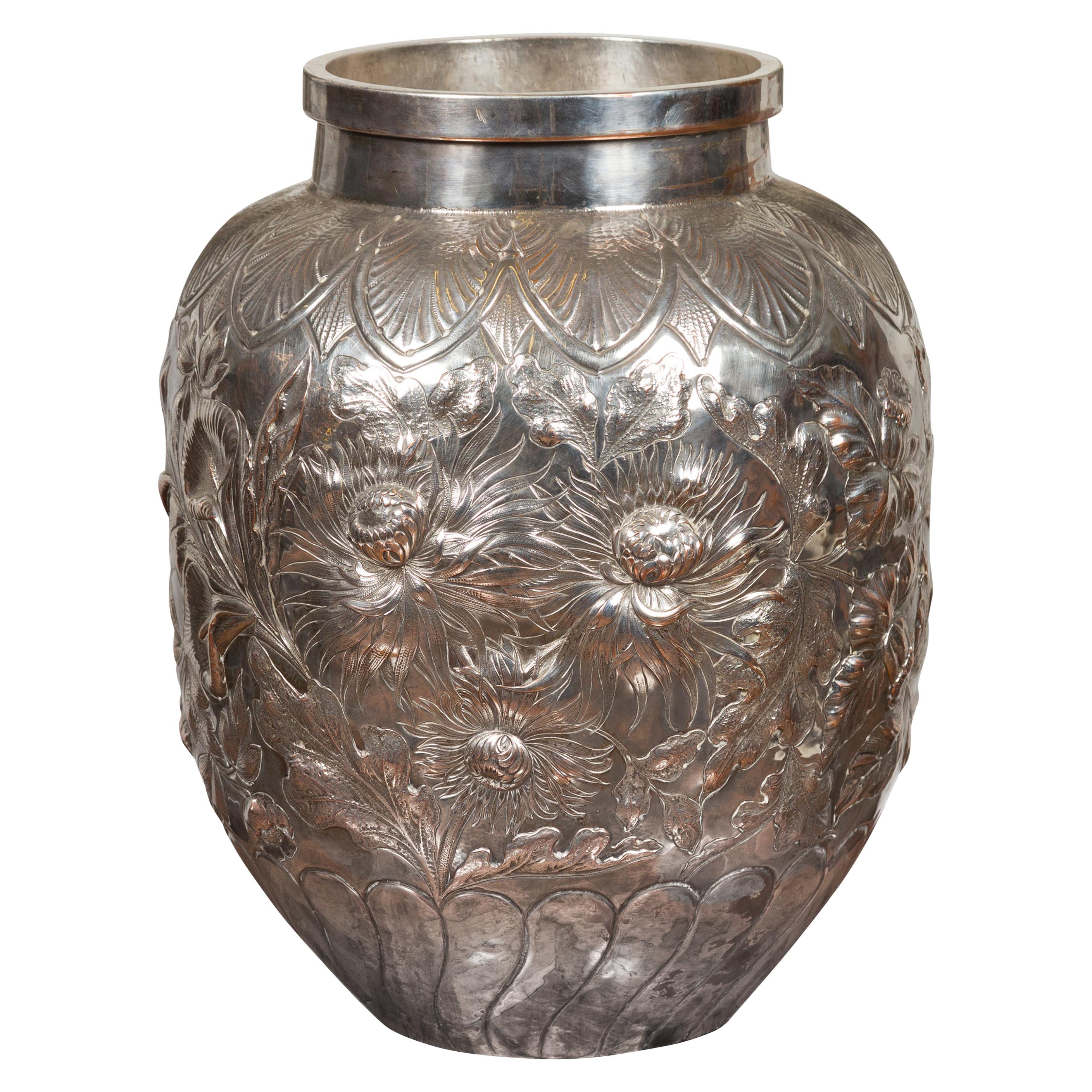 Large English 1900s Silver on Copper Vase with Floral Repoussé Motifs ...