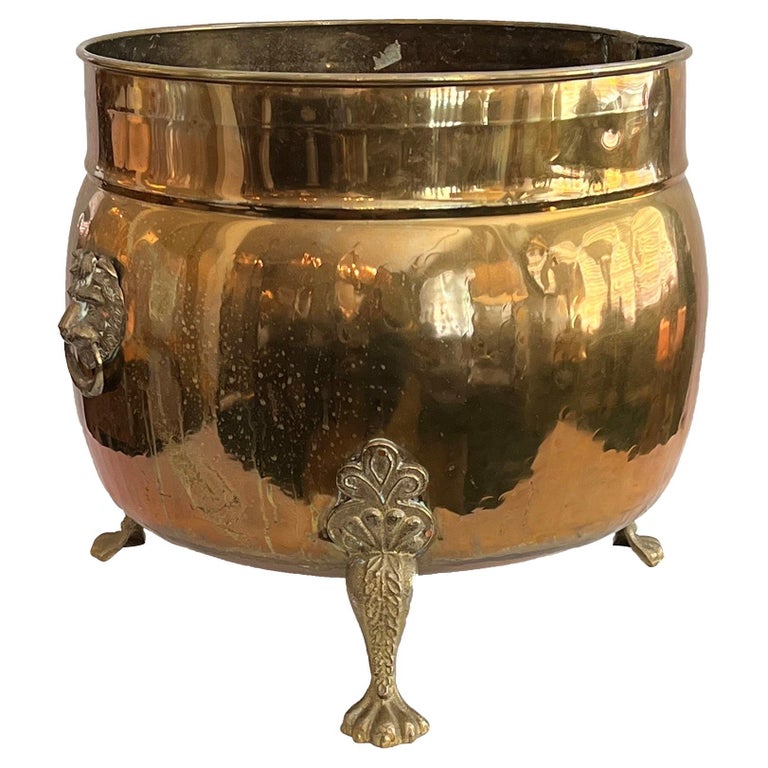 Large English Brass Tripod Coal Bucket with Lion Ring Handles and Paw ...
