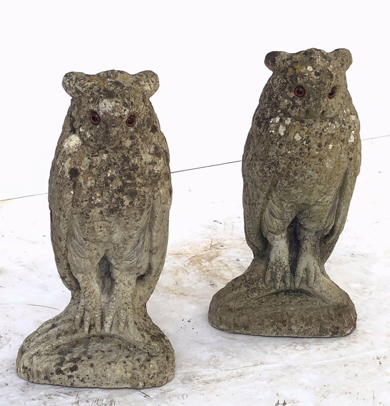Large English Garden Stone Owl Statues with Glass Eyes 'Individually ...