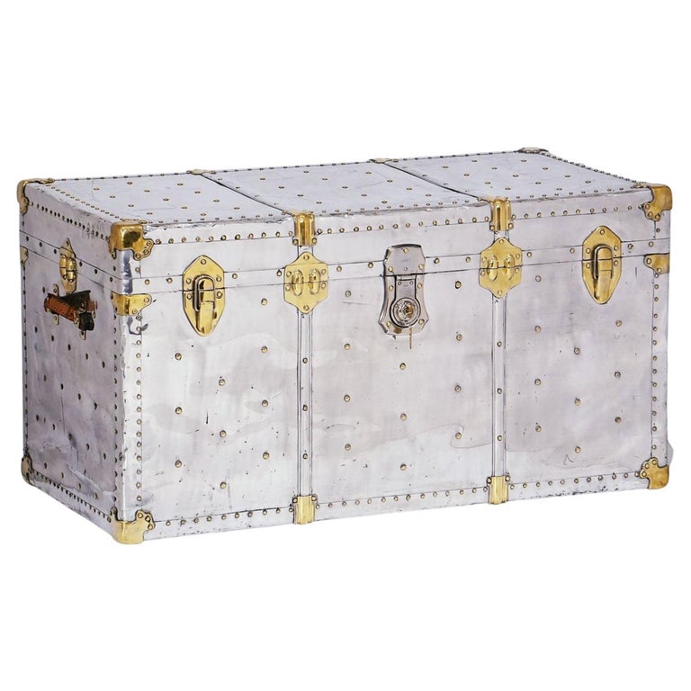 Large English Polished Aluminum-Clad Trunk with Brass Mount Accents For ...