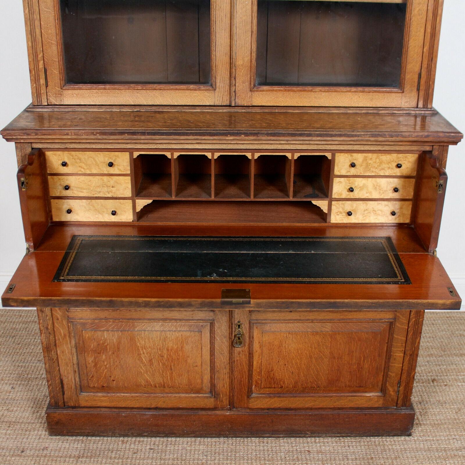 Large English Secretaire Oak Glazed Bureau Bookcase Edwardian Library ...