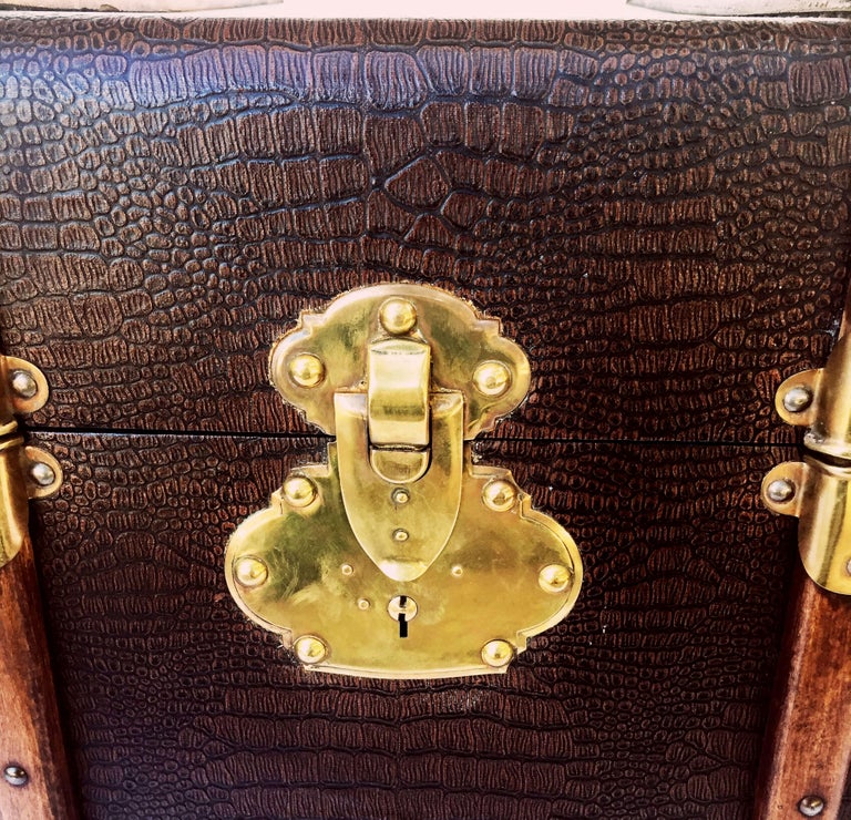 Large English Shipping Trunk of Brass-Bound Paneled Wood at 1stDibs