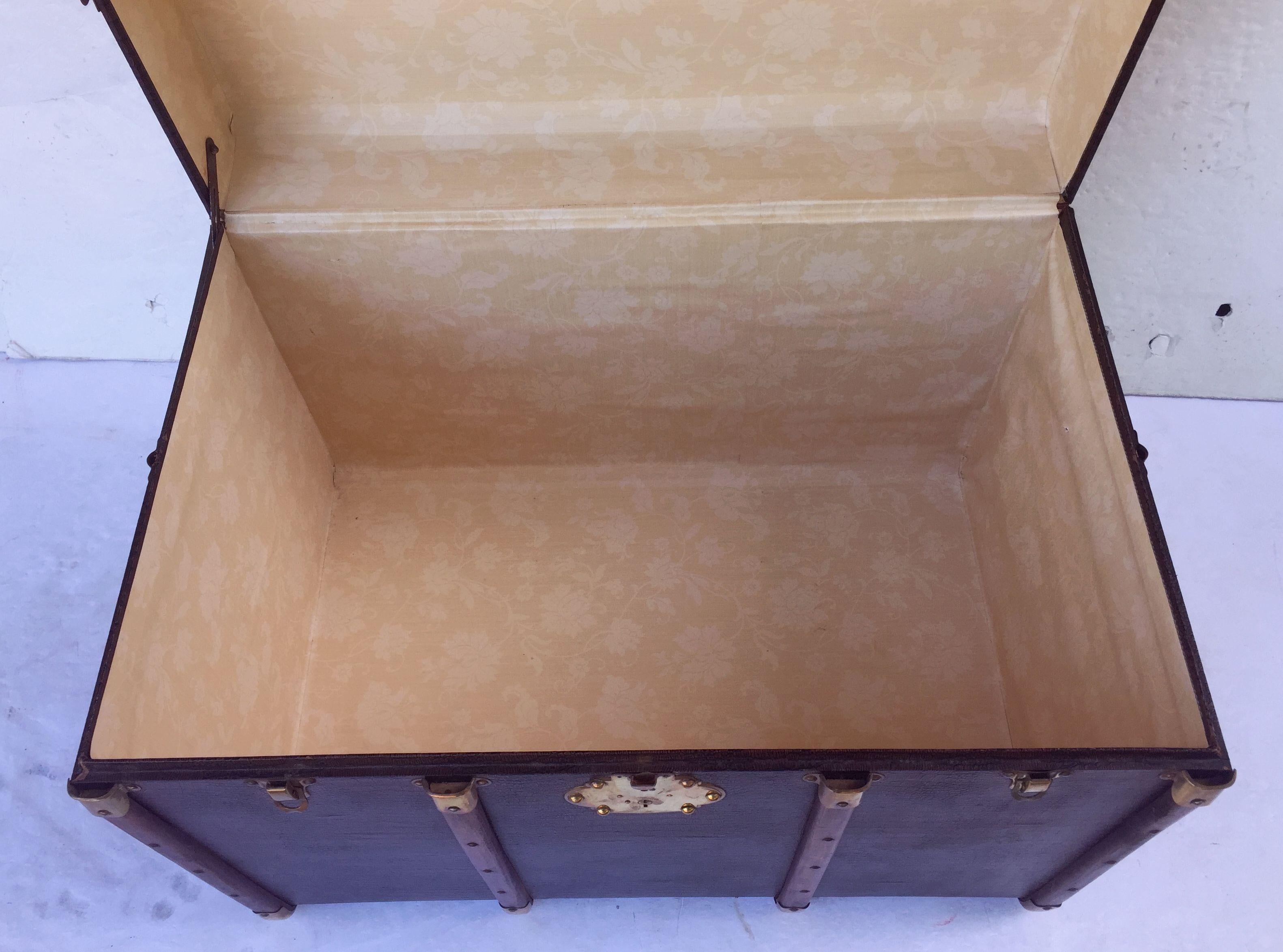 Large English Shipping Trunk of Brass-Bound Paneled Wood at 1stDibs