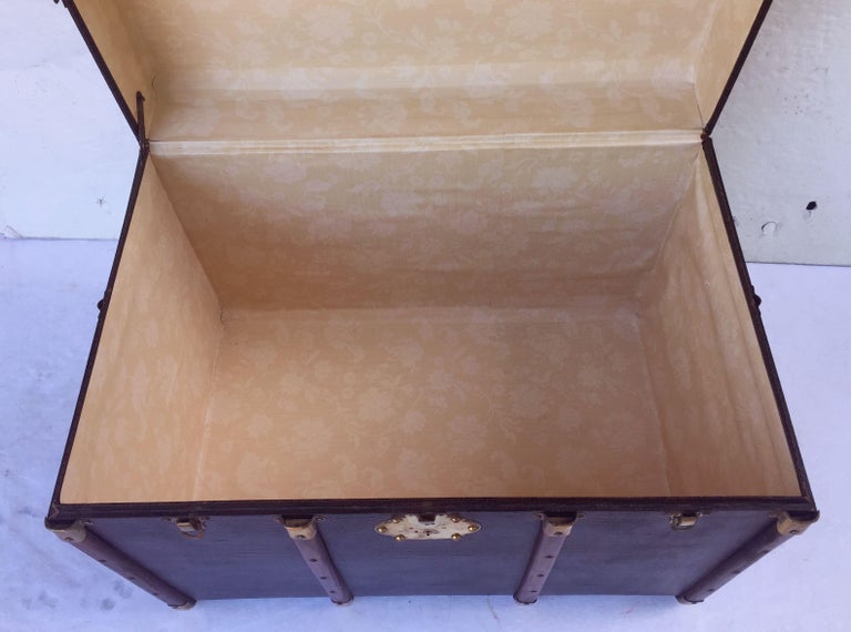 Large English Shipping Trunk of Brass-Bound Paneled Wood at 1stDibs