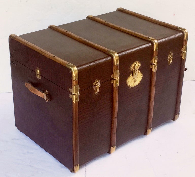 Large English Shipping Trunk of Brass-Bound Paneled Wood at 1stDibs