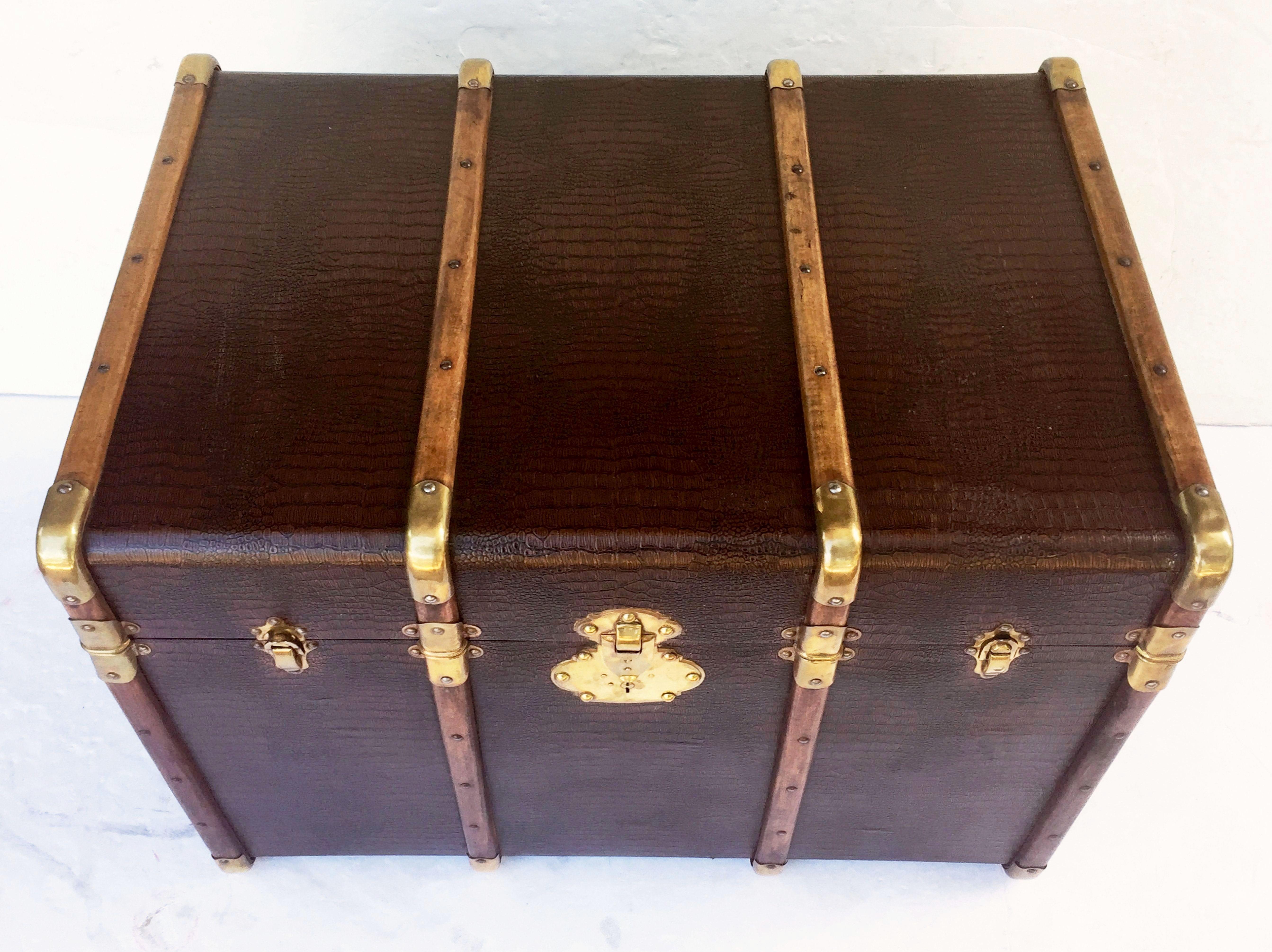 Large English Shipping Trunk of Brass-Bound Paneled Wood at 1stDibs