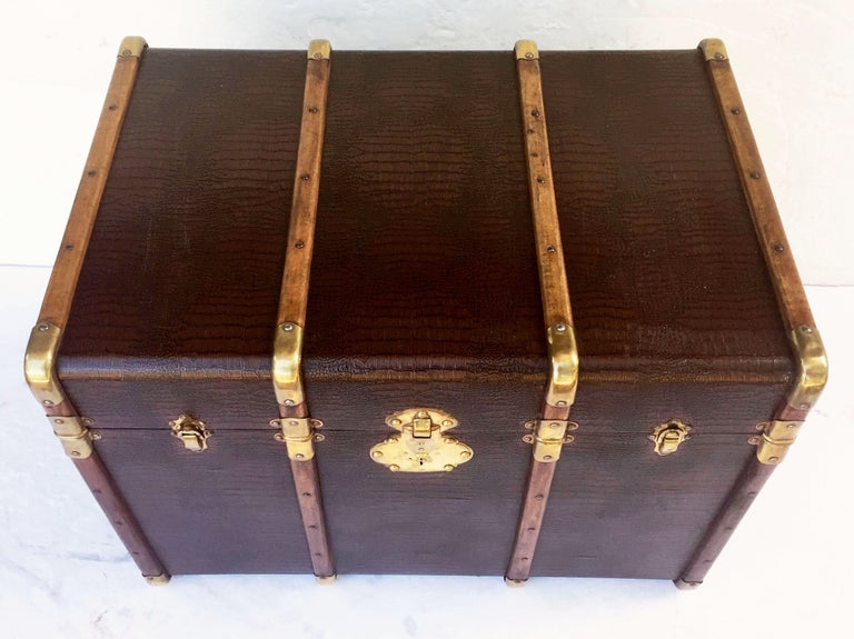 Large English Shipping Trunk of Brass-Bound Paneled Wood at 1stDibs