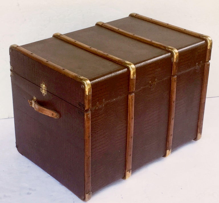 Large English Shipping Trunk of Brass-Bound Paneled Wood at 1stDibs