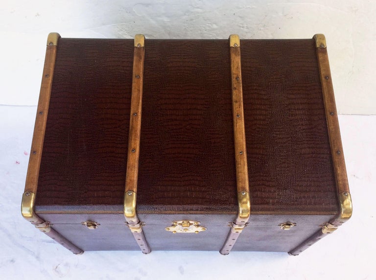 Large English Shipping Trunk of Brass-Bound Paneled Wood at 1stDibs