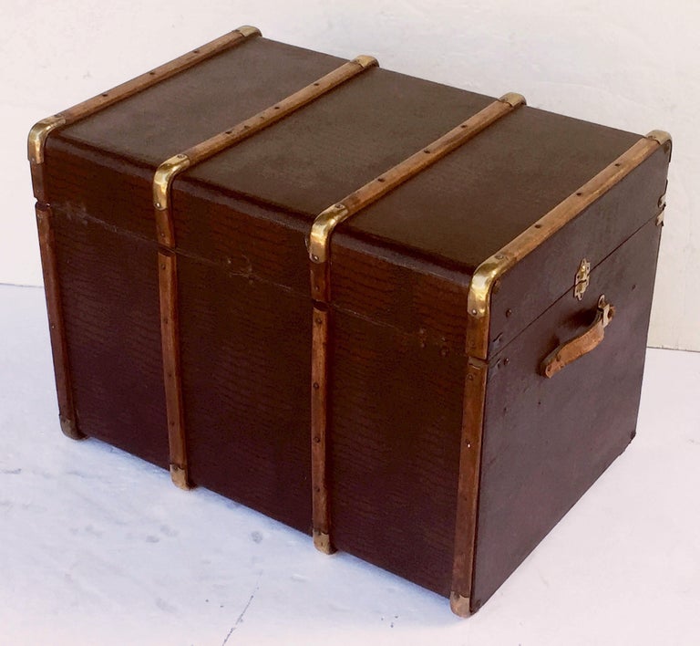 Large English Shipping Trunk of Brass-Bound Paneled Wood at 1stDibs