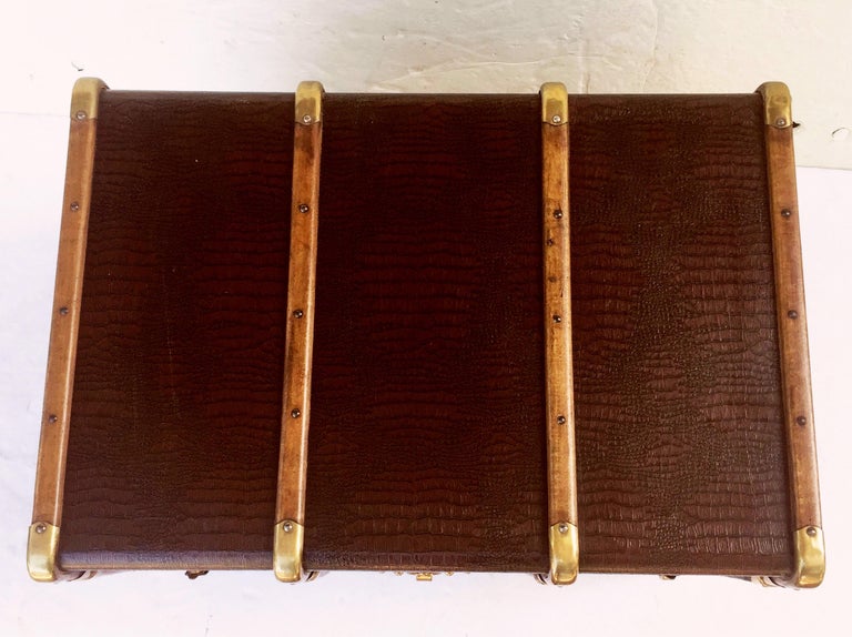 Large English Shipping Trunk of Brass-Bound Paneled Wood at 1stDibs