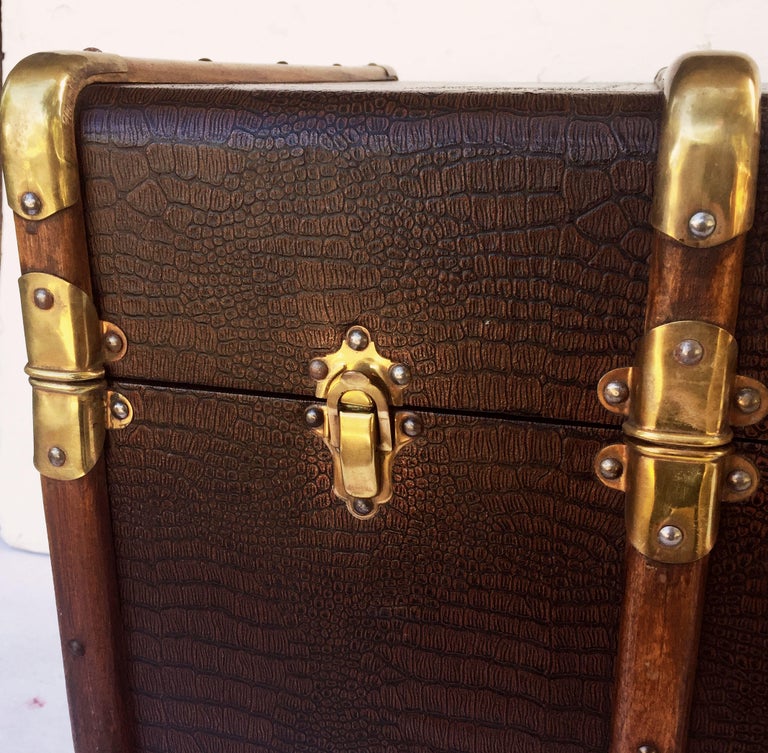 Large English Shipping Trunk of Brass-Bound Paneled Wood at 1stDibs