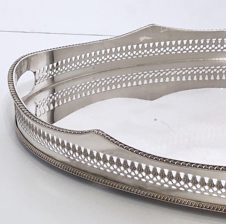 Large English Silver Oval Gallery Serving or Drinks Tray at 1stDibs
