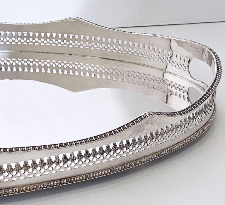 Large English Silver Oval Gallery Serving or Drinks Tray at 1stDibs