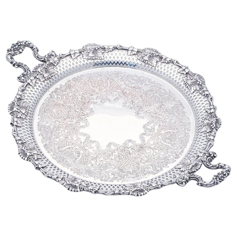 Large English Silver Round Serving or Drinks Tray with Handles For Sale ...