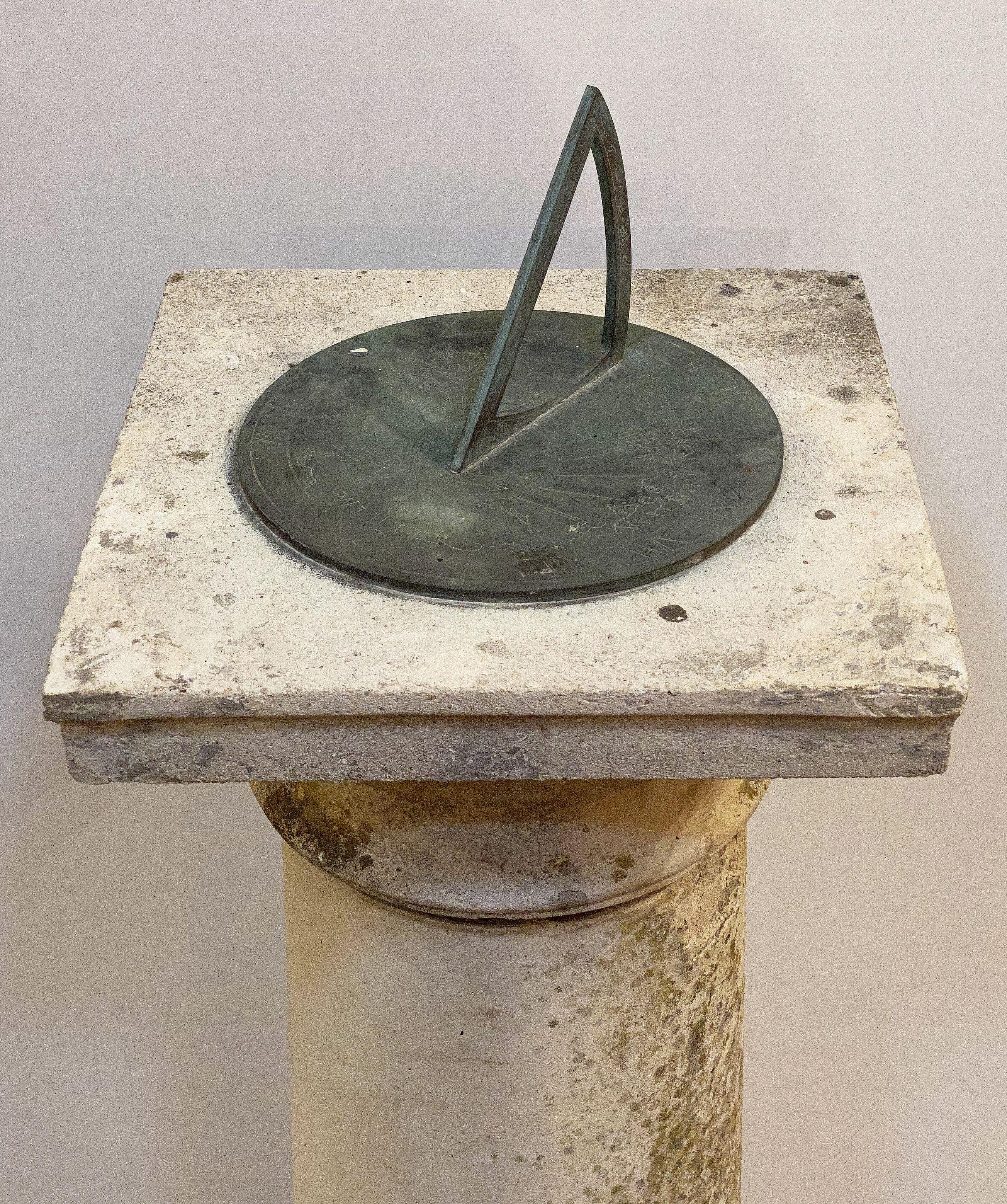 Large English Sundial of Composition Stone with Bronze Dial at 1stDibs