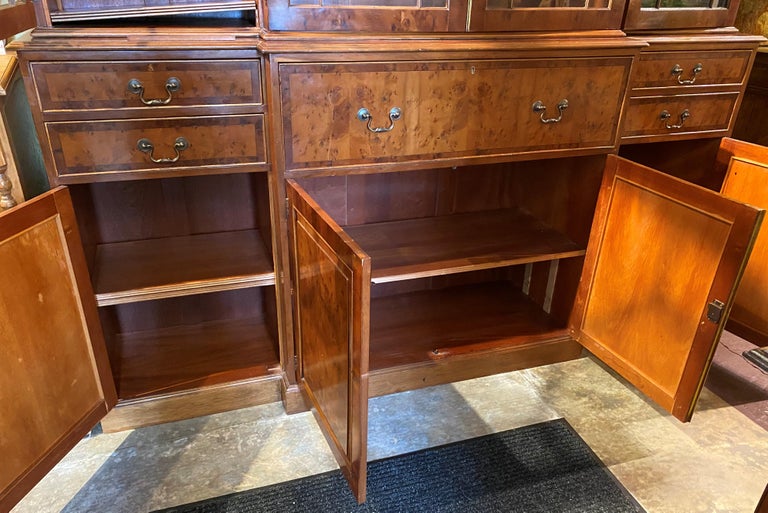 Large English Yew Wood Two Part Breakfront China Cabinet, Bookcase or ...
