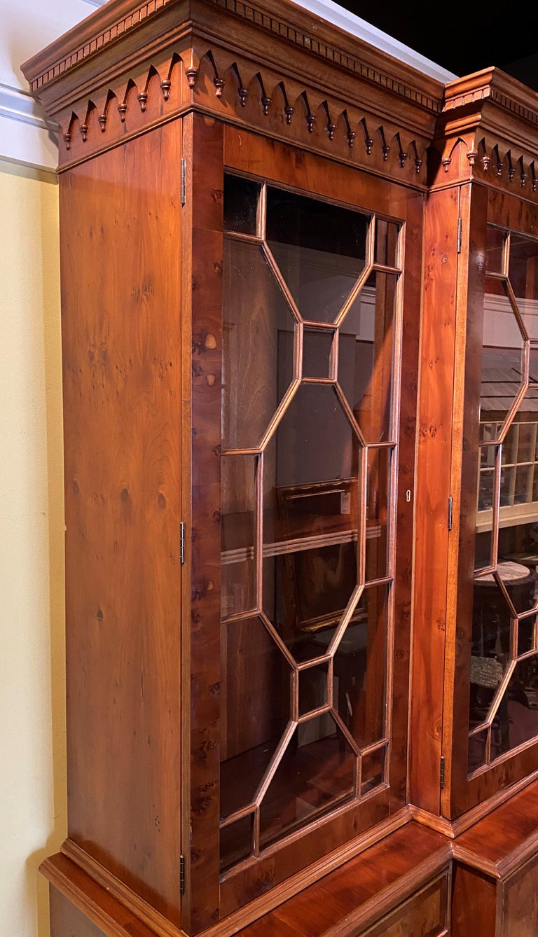 Large English Yew Wood Two Part Breakfront China Cabinet, Bookcase or ...