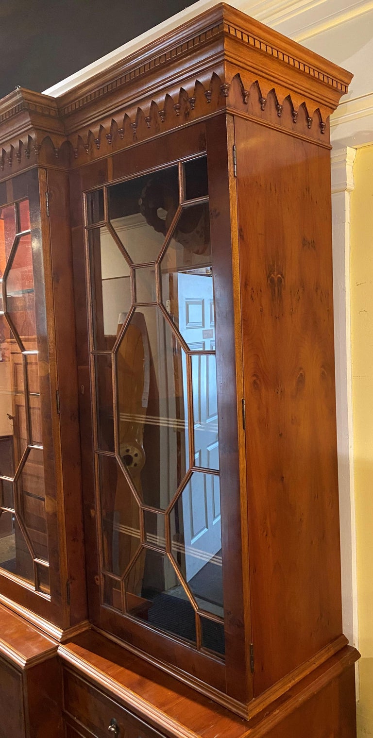 Large English Yew Wood Two Part Breakfront China Cabinet, Bookcase or ...