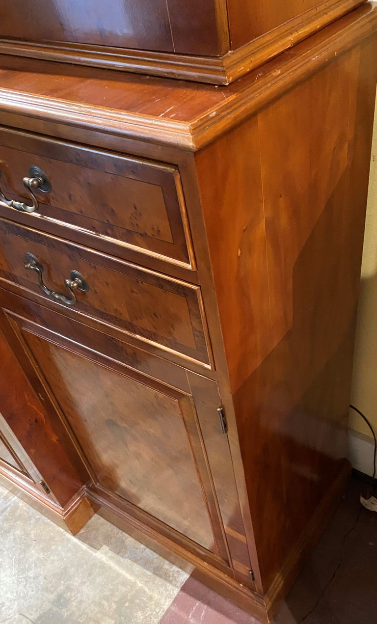 Large English Yew Wood Two Part Breakfront China Cabinet, Bookcase or ...