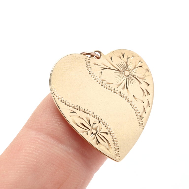 Large Engraved Heart Charm, 14K Yellow Gold, Length 1 1/8 Inch, Flat ...
