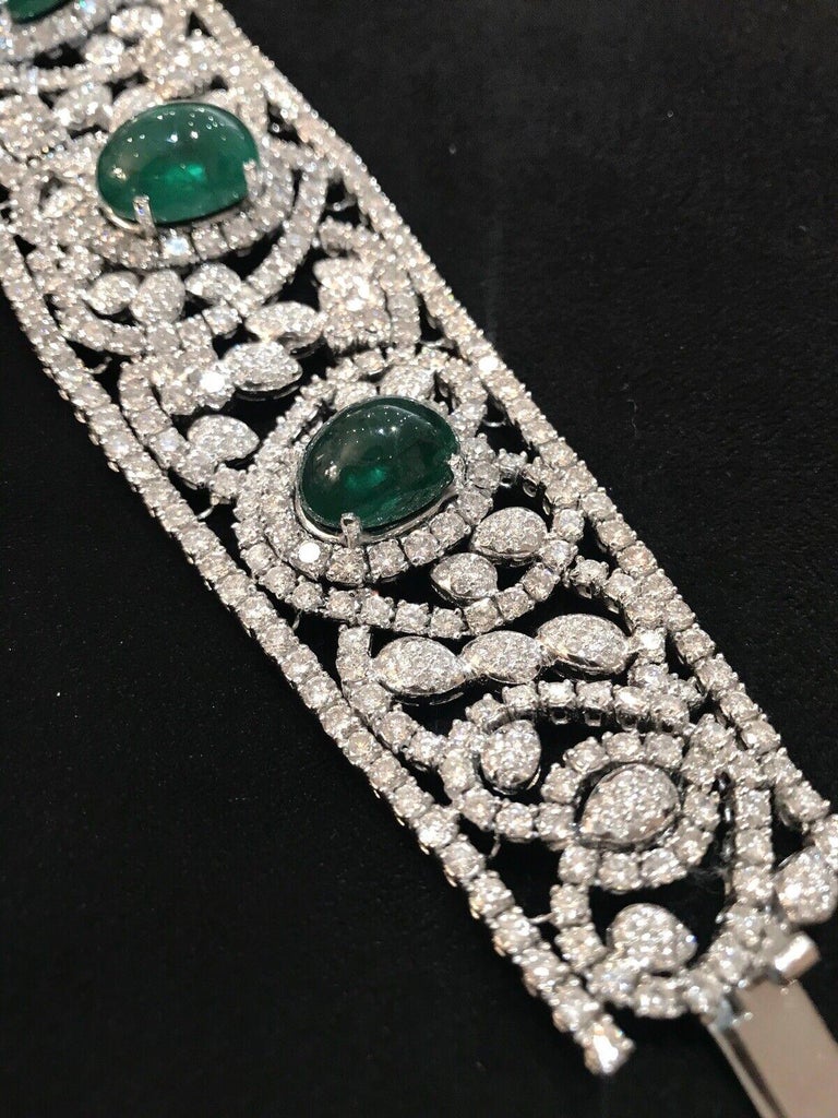 Large Estate Emerald Cabochon and Diamond Bracelet 18k White Gold For ...