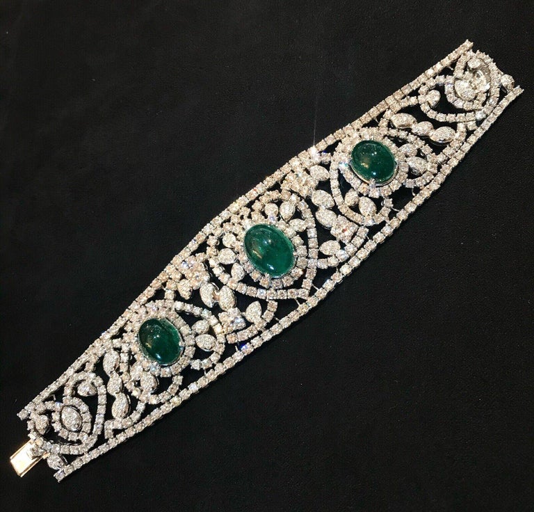 Large Estate Emerald Cabochon and Diamond Bracelet 18k White Gold For ...