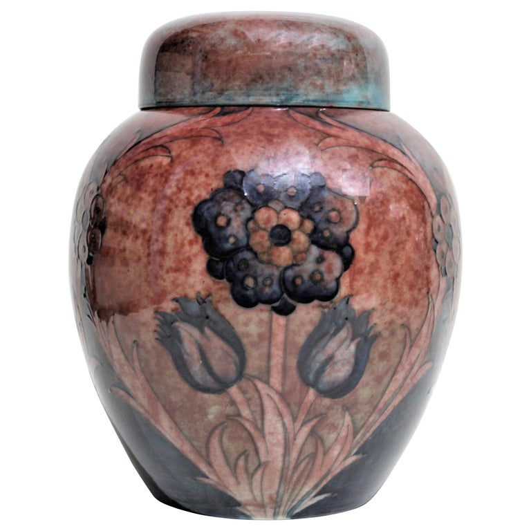 Large Flambé Art Deco Moorcroft Ginger Jar with a Very Rare Floral ...