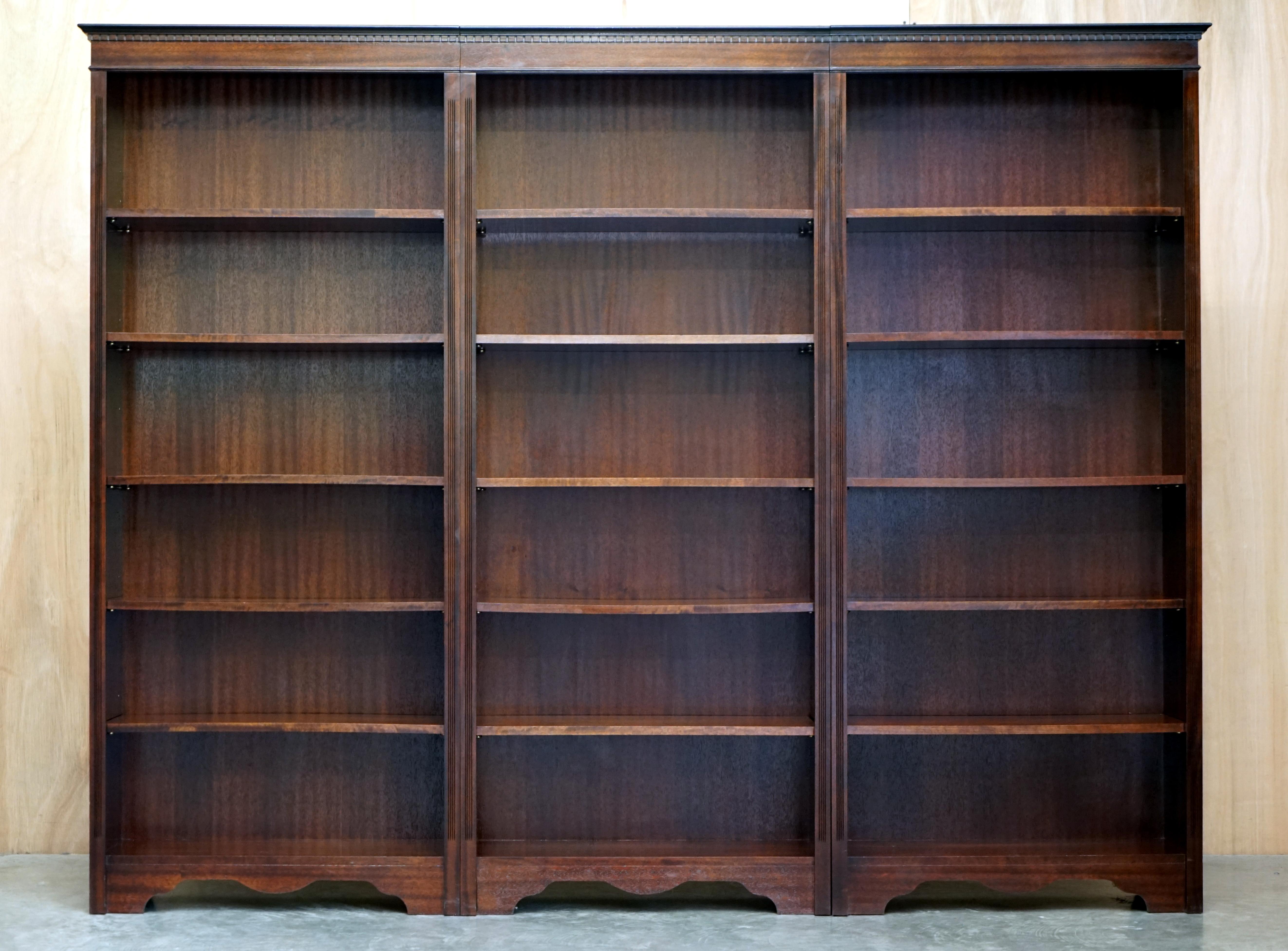 Large Flamed Hardwood Triple Bank Large Open Library Bookcase Three ...