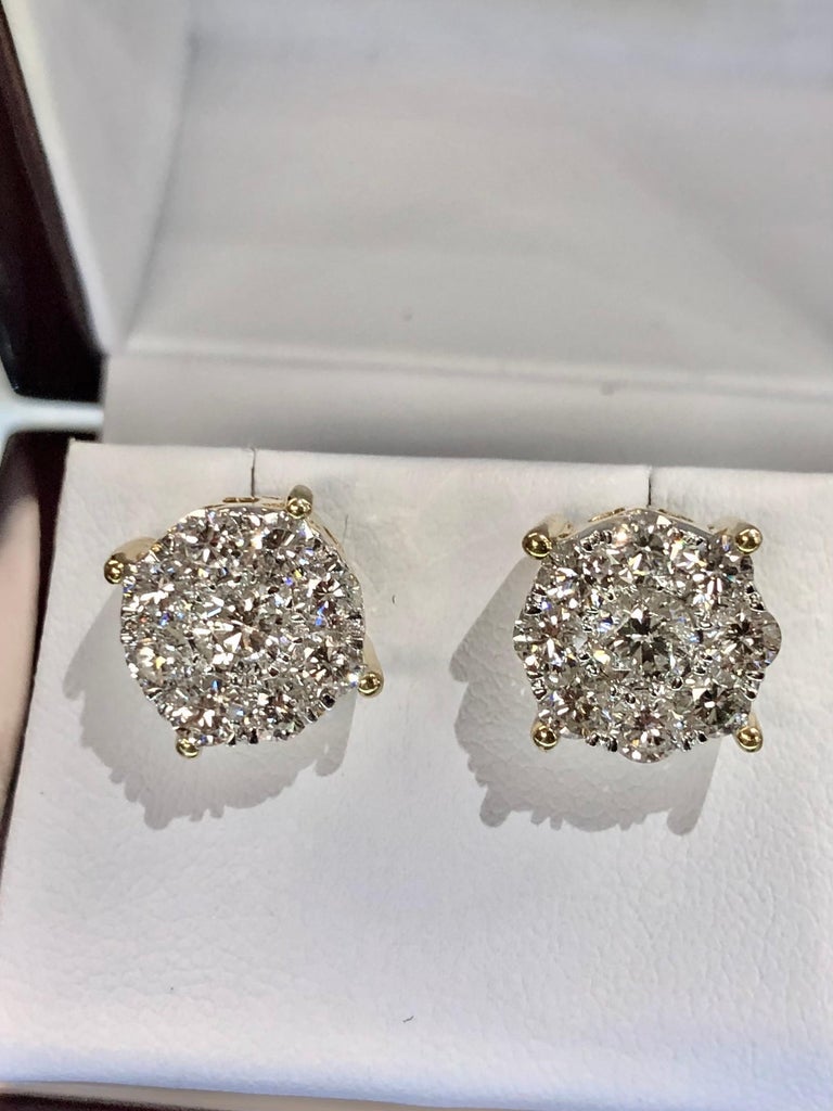 Large Fleurette Cluster Diamond Stud Earrings Gold For Sale at 1stDibs