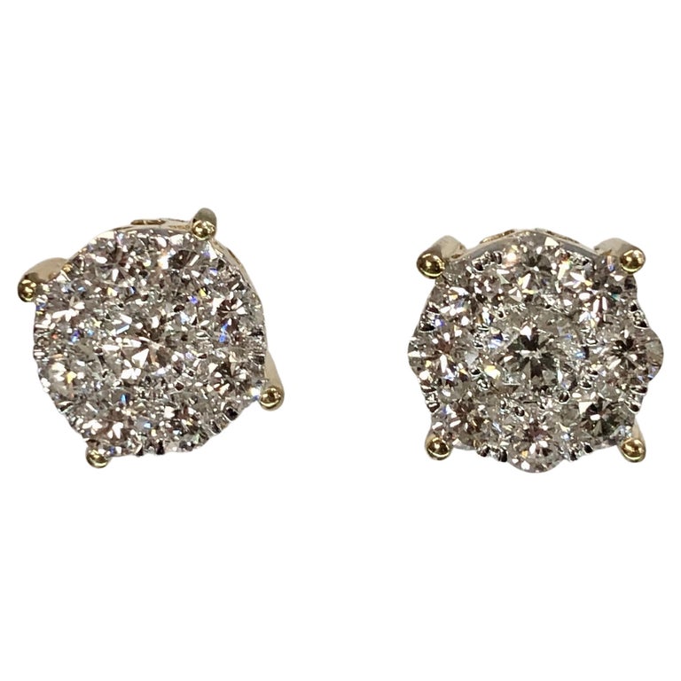 Large Fleurette Cluster Diamond Stud Earrings Gold For Sale at 1stDibs