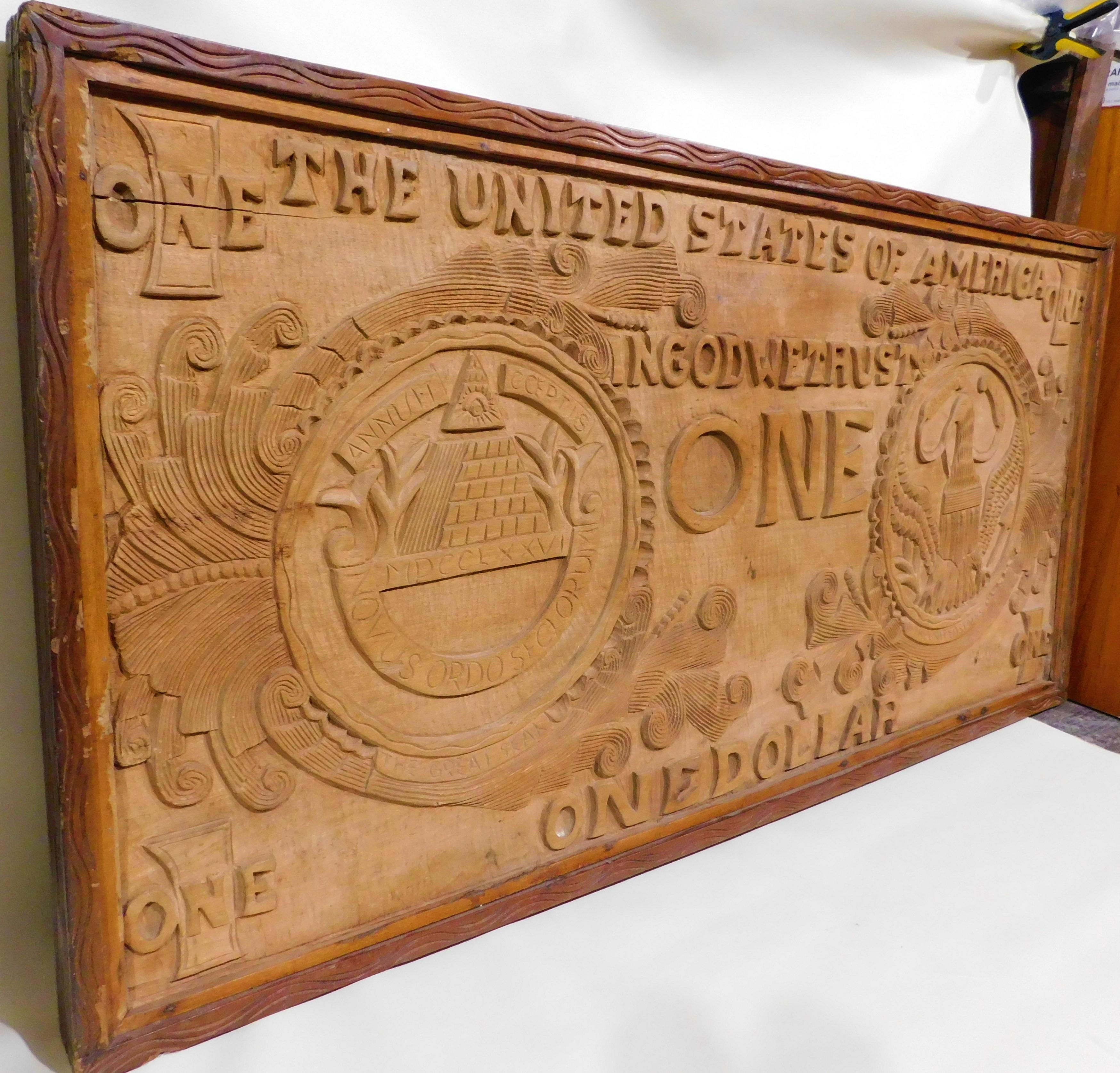 Large Folk Art Hand Carved Wood American Dollar Bill Sign at 1stDibs ...