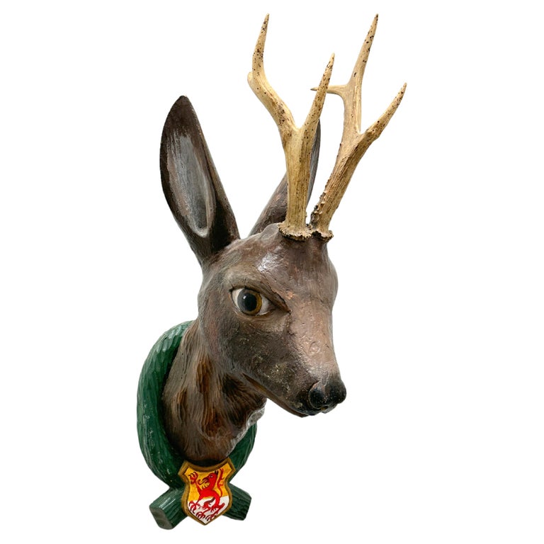 Large Folk Art Wood Carved Deer Head with Real Antlers, Austria 19th ...