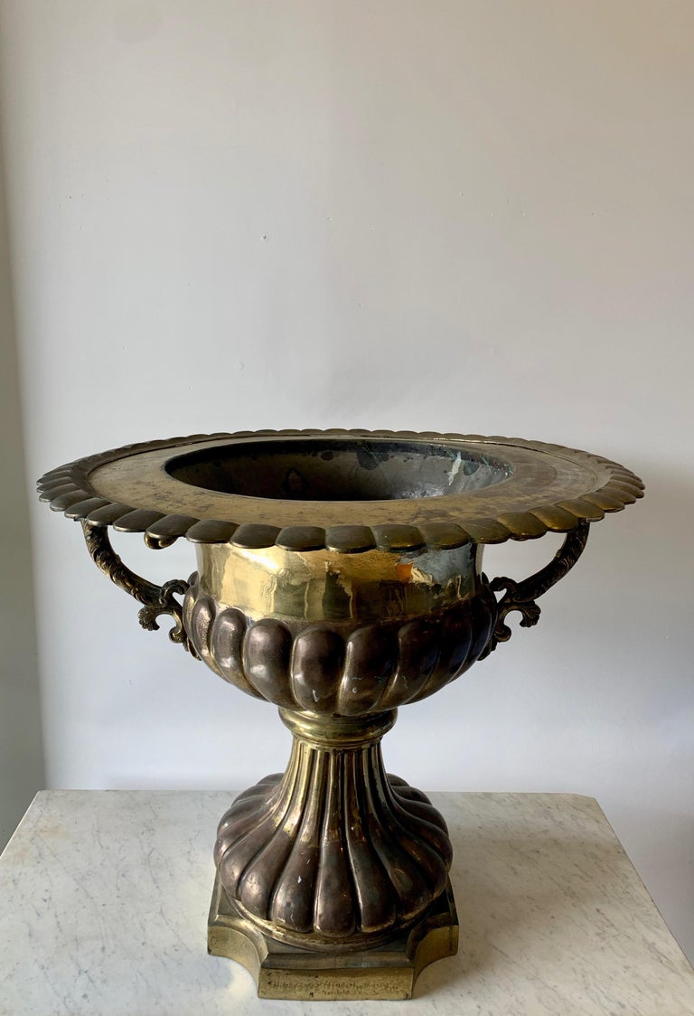 Large Footed Brass and Metal Urn with Handles at 1stDibs